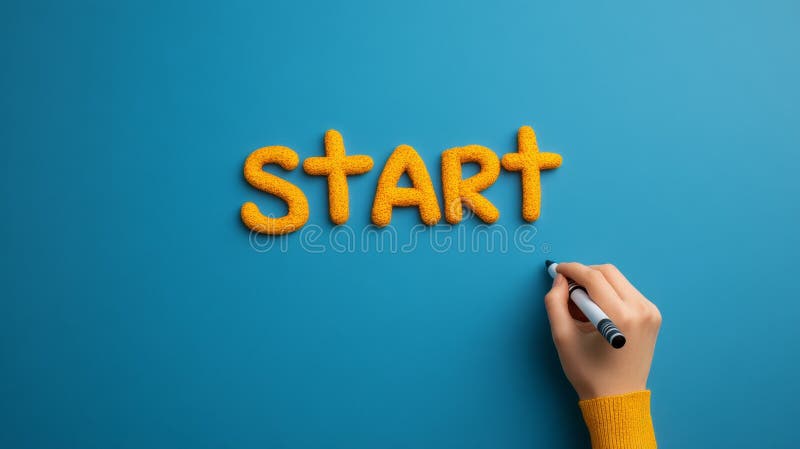 Creative Hand Writes the Word Start with a Marker on a Bright Blue ...