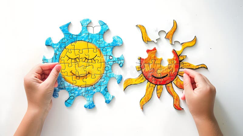 Creative Hands Assembling Jigsaw Puzzles of a Sun and a Virus ...