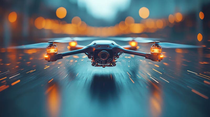 High-Tech Drone Flying at Dusk with Blurred Motion and Sparkling Lights ...