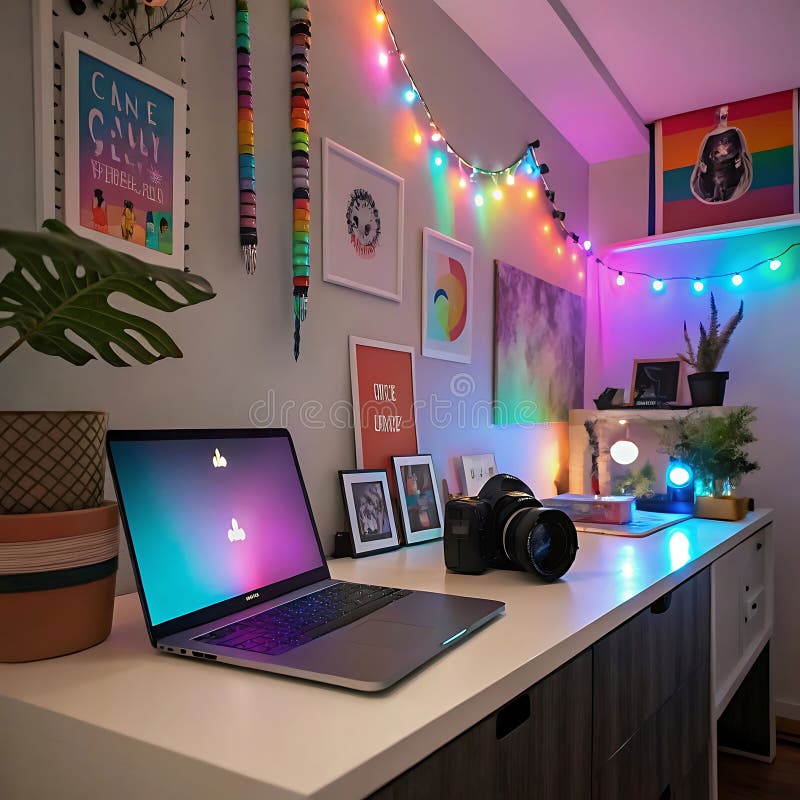 Creative Home Office with Vibrant Decor and Modern Laptop Stock ...