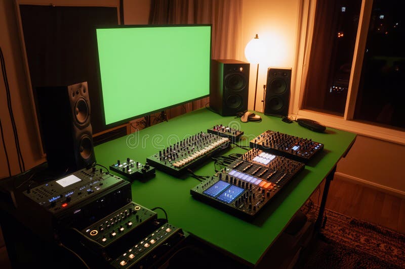 Creative Home Workspace Featuring Compact Audio Interfaces and Ambient ...
