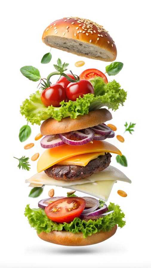 Creative Horizontal Banner of Floating Hamburger with Separated Flying ...