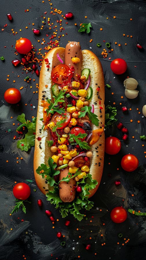 Creative Hotdog Toppings Theme Top View Emphasizing Unique Ingredients ...