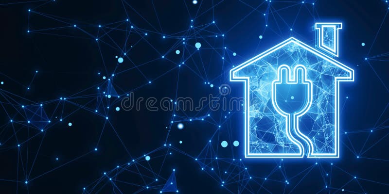 Creative House and Plug Hologram on Blurry Blue Backdrop with Polygonal ...