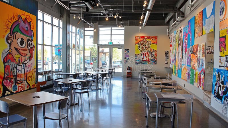 Creative Hub Cafe with Modern Art Installations and Open Spaces for ...