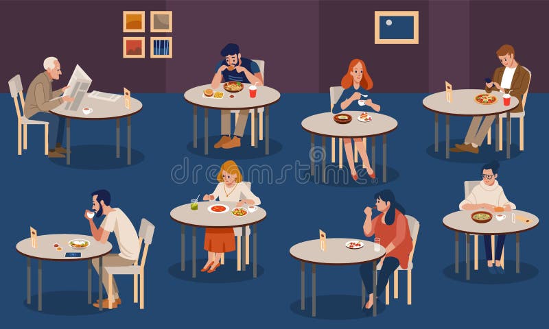 Creative Human Collection. Tiny People Sitting at Tables in Large Hall ...
