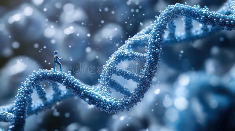 Human Figurine Exploring DNA Strand in Blue Molecular Background Stock ...