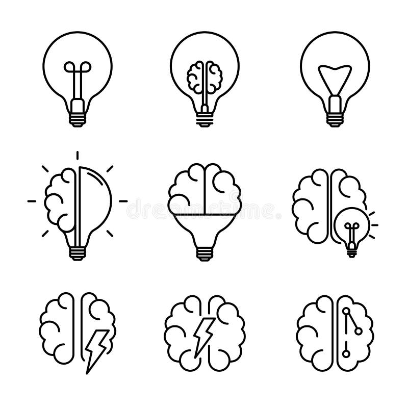 Creative Idea, Brainstone Line Icon Collection Set. Brain in Lightbulb ...
