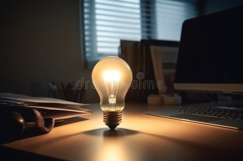 Creative Idea Concept. Glowing Bulb Lamp on Office Table. Generative AI ...