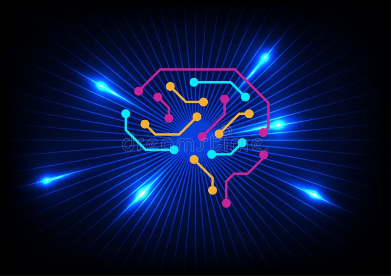 Creative and Idea Concept. Circuit Brain with Light Rays on Blue ...