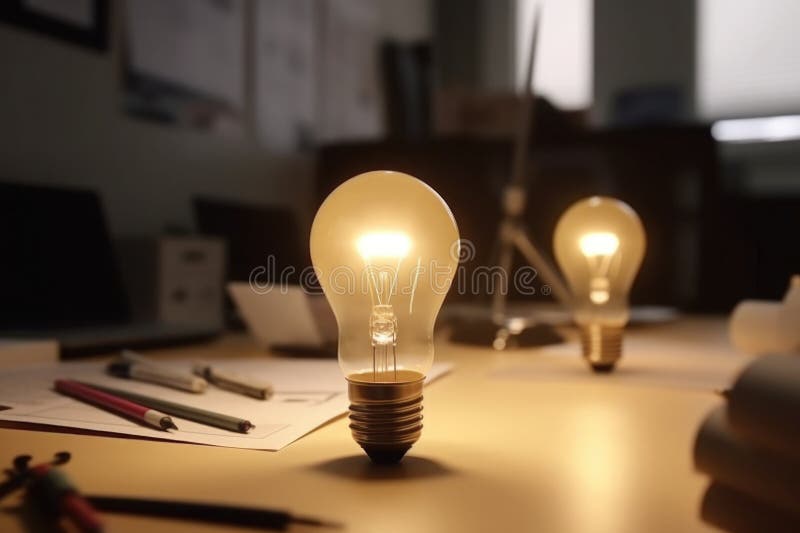 Creative Idea Concept. Glowing Bulb Lamp on Office Table. Generative AI ...
