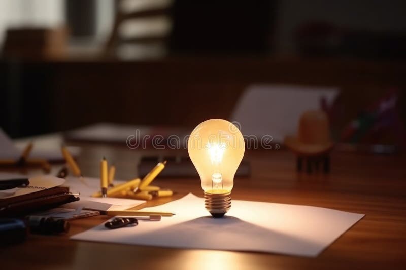 Creative Idea Concept. Glowing Bulb Lamp on Office Table. Generative AI ...