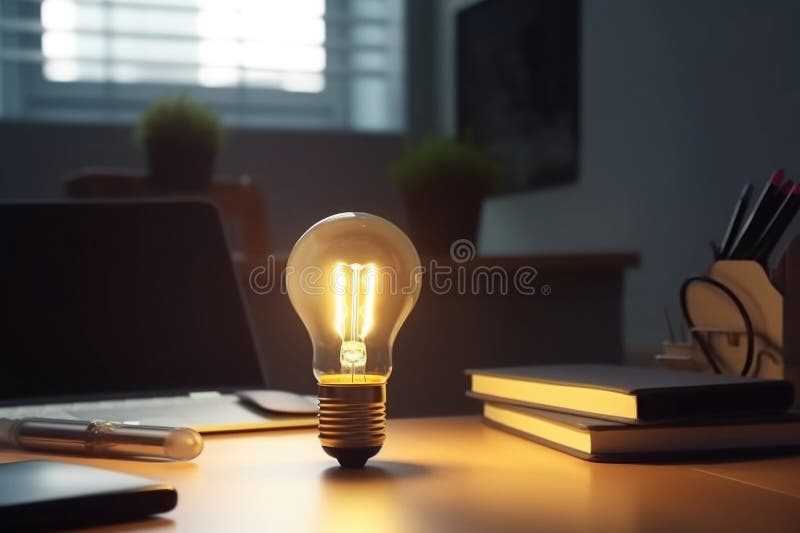 Creative Idea Concept. Glowing Bulb Lamp on Office Table. Generative AI ...