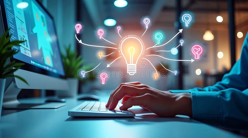 Creative Idea Generation with Digital Lightbulb Icons and Hands Typing ...