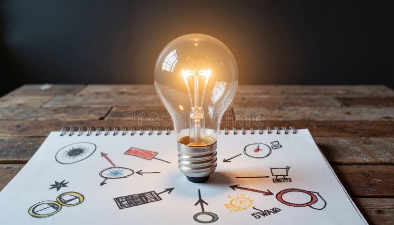 Creative Idea Generation with Light Bulb on Notebook, Inspiration ...