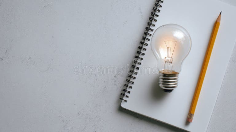 Creative Idea Generation with Lightbulb, Notebook, and Pencil on White ...