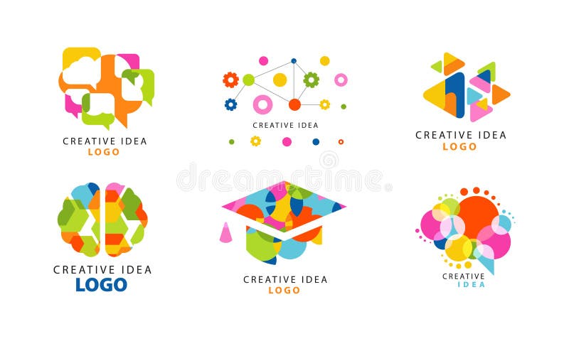Creative Idea Logo with Bright Colored Brain and Shapes Vector Set ...