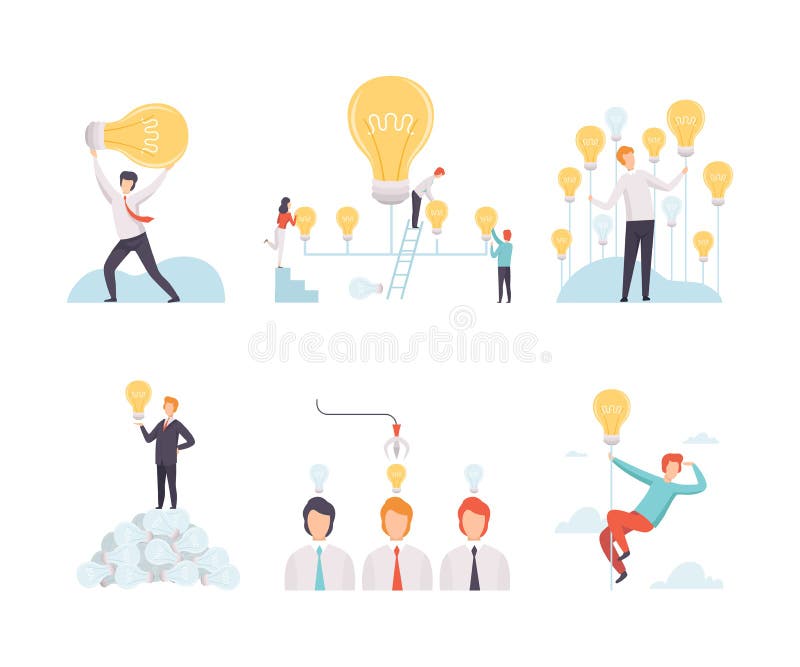 Creative Idea Searching with Business Man with Light Bulb Vector Set ...