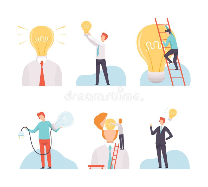 Creative Idea Searching with Business Man with Light Bulb Vector Set ...