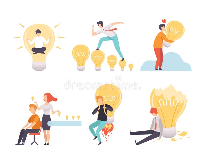 Creative Idea Searching with Business Man with Light Bulb Vector Set ...