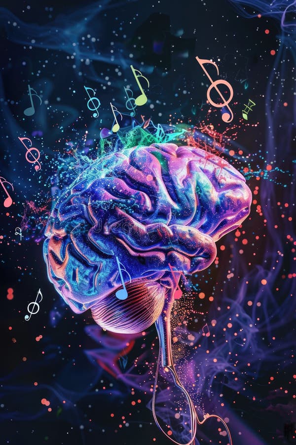 A Creative Illustration of a Brain Surrounded by Music Notes Stock ...