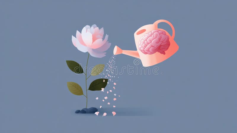 Creative Illustration of Brain Watering a Flower Against a Blue ...