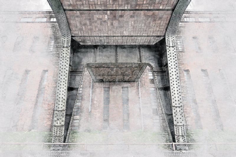 Creative Illustration - Brick and Steel Pillar of a Bridge, in Front of ...