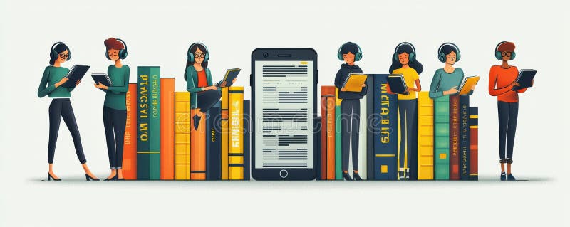 Illustration of People Engaging with Digital and Traditional Books ...
