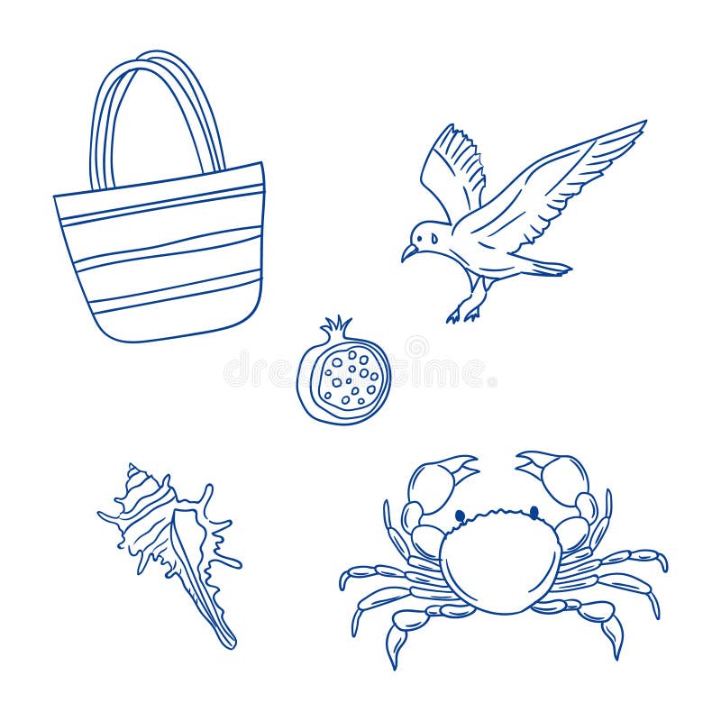 Coastal Elements in a Simple Drawing Showcasing Nature and Beach Items ...