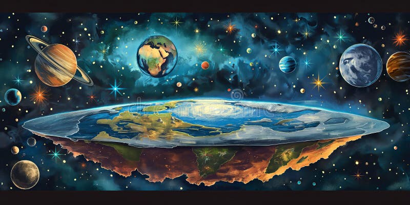 Creative Illustration of a Flat Earth Concept, Surrounded by Planets ...