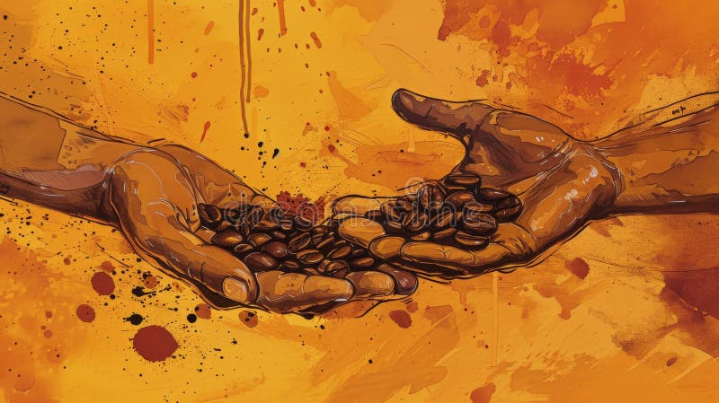 Creative Illustration of Hands Offering Coffee Beans on Orange Backdrop ...