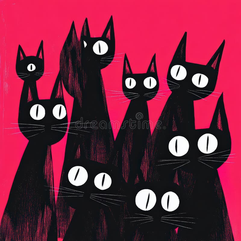 Creative Illustration of Multiple Black Cats with Large Eyes on Pink ...