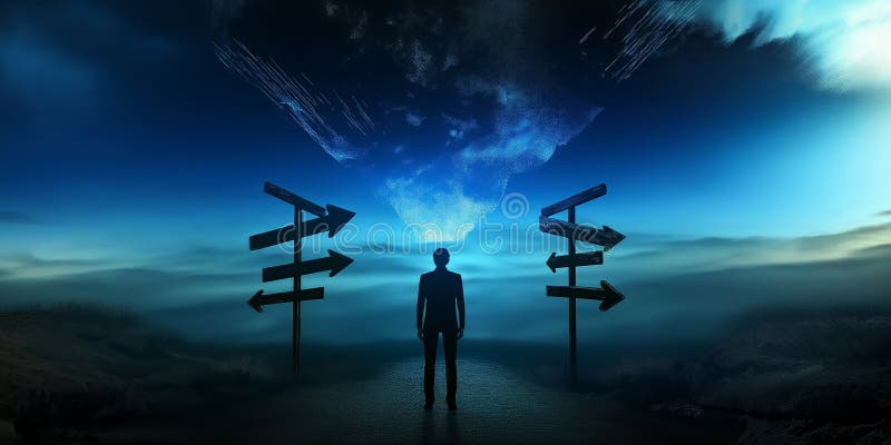 Creative Illustration of a Person Standing at a Crossroads, Looking at ...