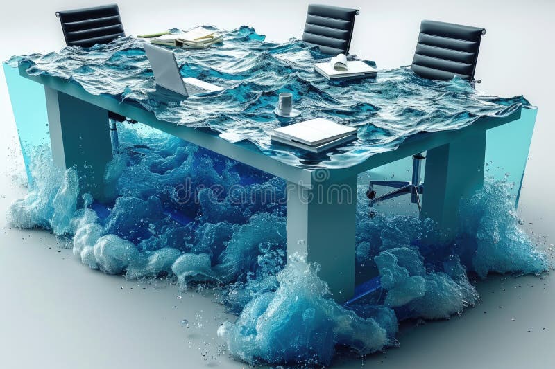 Submerged Office Desk: Waves Crashing Over Modern Workspace Stock ...