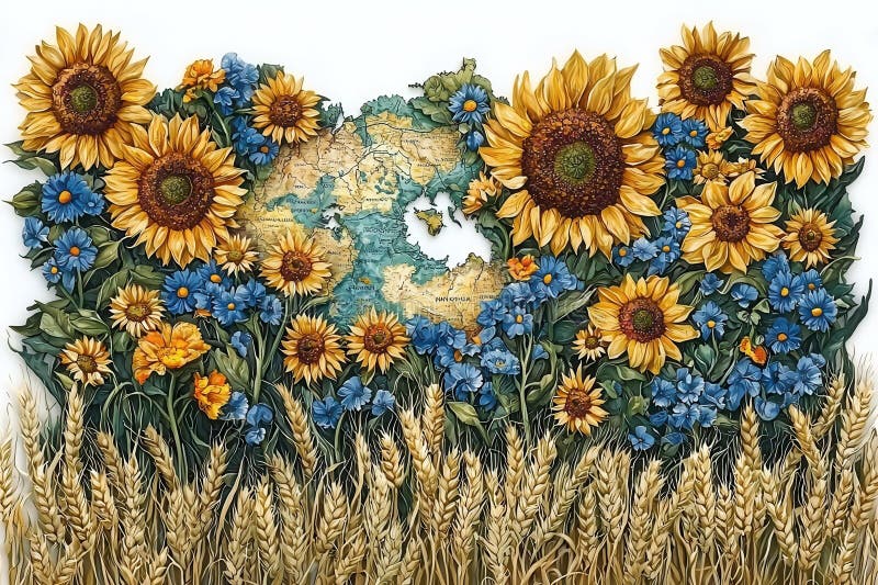 Creative Illustration of Ukraine Map Surrounded by Sunflowers and Wheat ...