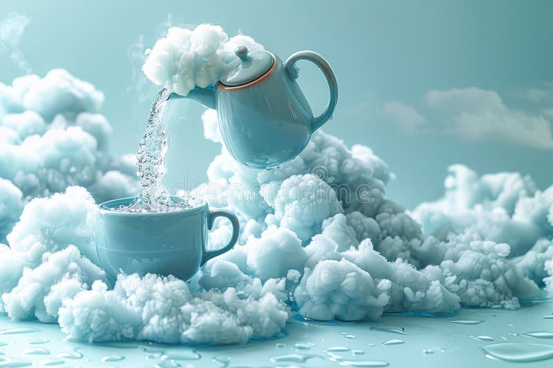 Pouring Tea in a Cloudy Sky: Surreal Blue Teapot and Cup Stock ...