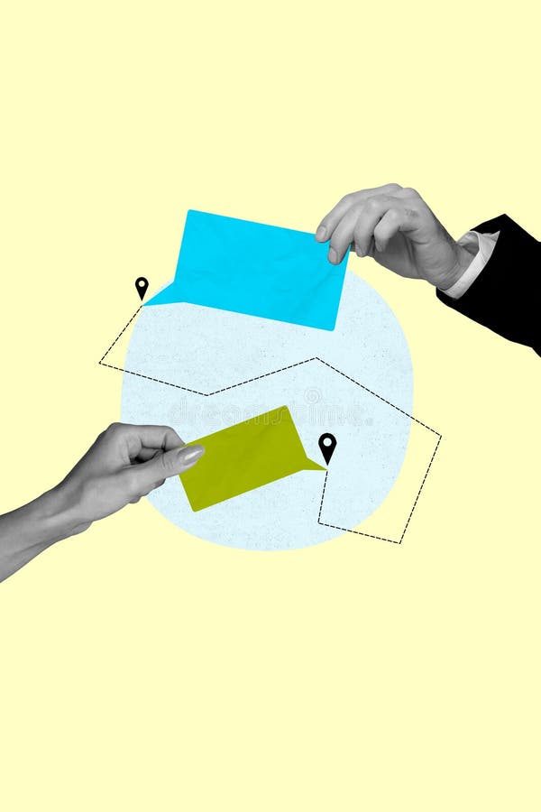 Creative Image Collage of Two Hands Holding Demonstrate Speech Bubble ...