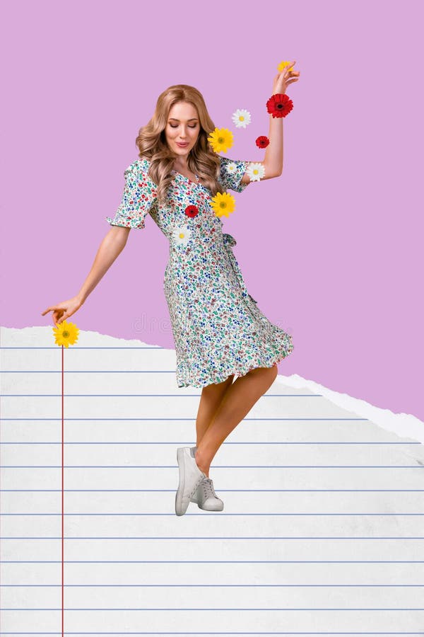 Creative Image Collage of Young Lady Dance Move Energetic with Flowers ...