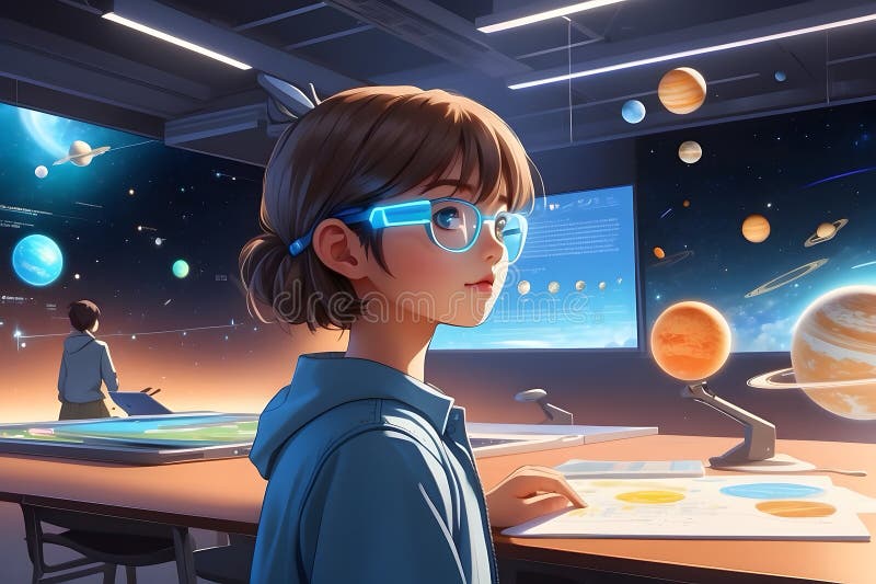 Creative Image of Educational AR Experience, AR Glasses, Looking at a 3D Holographic Model of ...