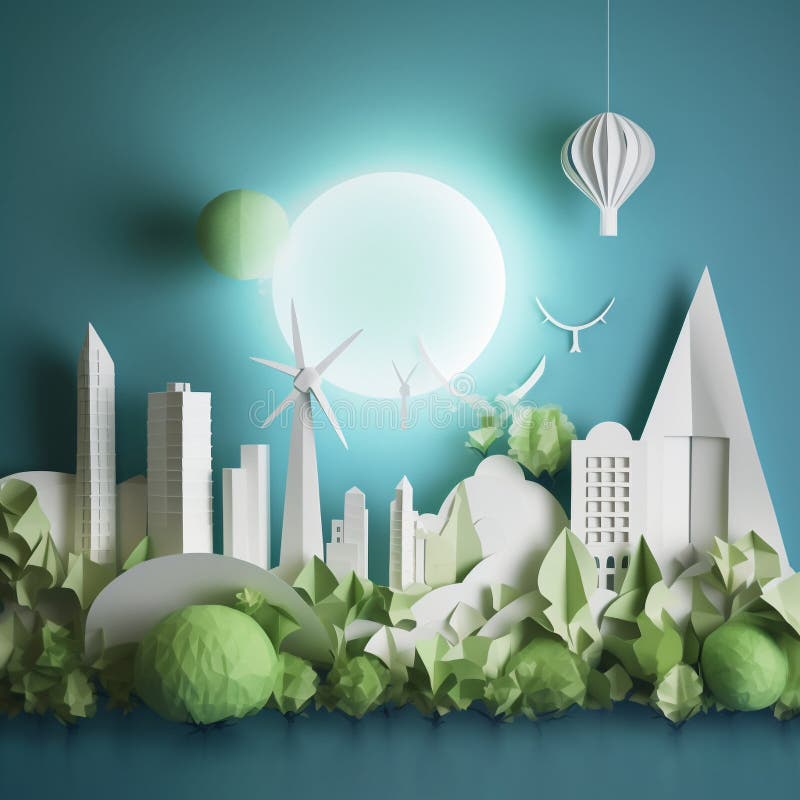 Paper Cutout of Light Bulb Against Eco City Backdrop with Renewable ...