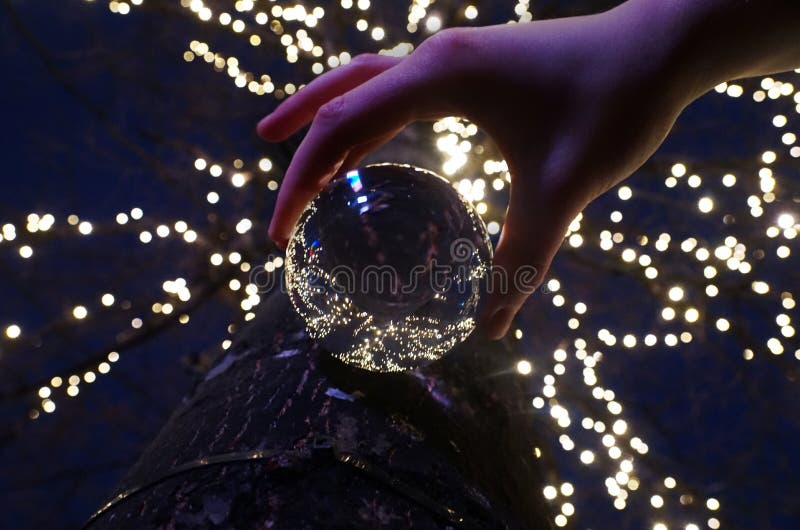 Creative Image of Hand Holding Lens Ball Against Tree with Christmas ...