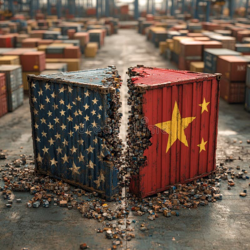 U.S. and China Trade War Illustration with Broken Shipping Containers ...
