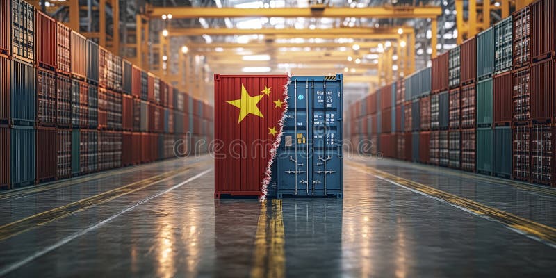 U.S. and China Trade War Illustration with Broken Shipping Containers ...
