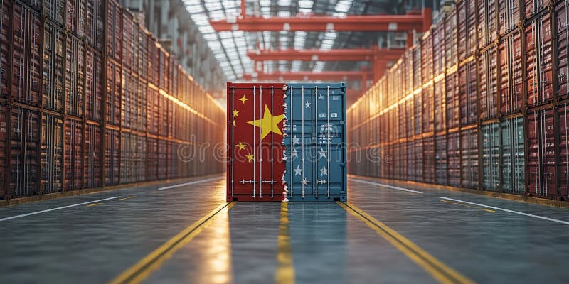 U.S. and China Trade War Illustration with Broken Shipping Containers ...