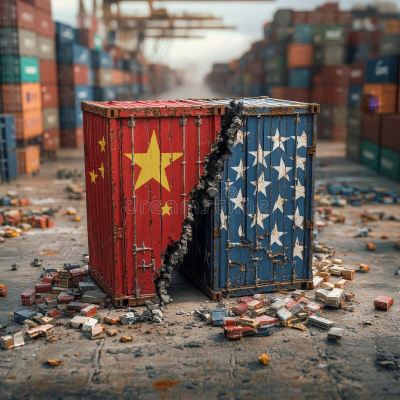 U.S. and China Trade War Illustration with Broken Shipping Containers ...