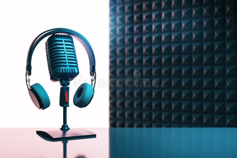 Creative Image with Mic and Mock Up Place on Blue Background. Podcast ...