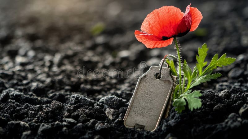 Creative Image of a Poppy Flower Growing from a Pair of Dog Tags Stock ...