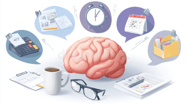 Visual Representation of Productivity Concepts Featuring a Brain, Clock ...