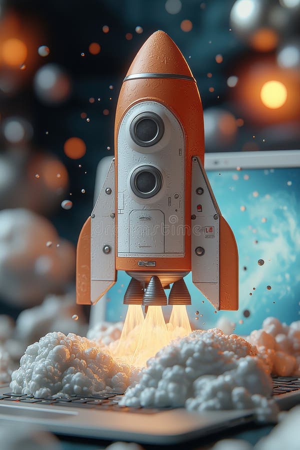 Rocket Launching from Laptop in a Futuristic Digital Scene Stock Photo ...