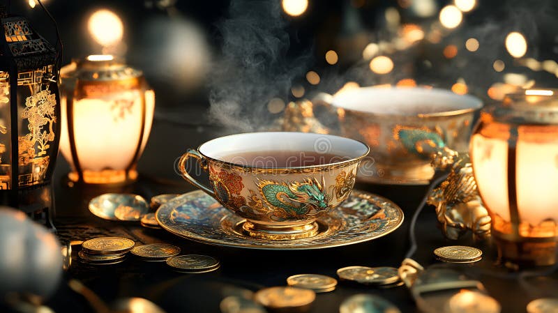 Creative Image of Tea Set with Golden Tea Cups, Steam Rising, and ...